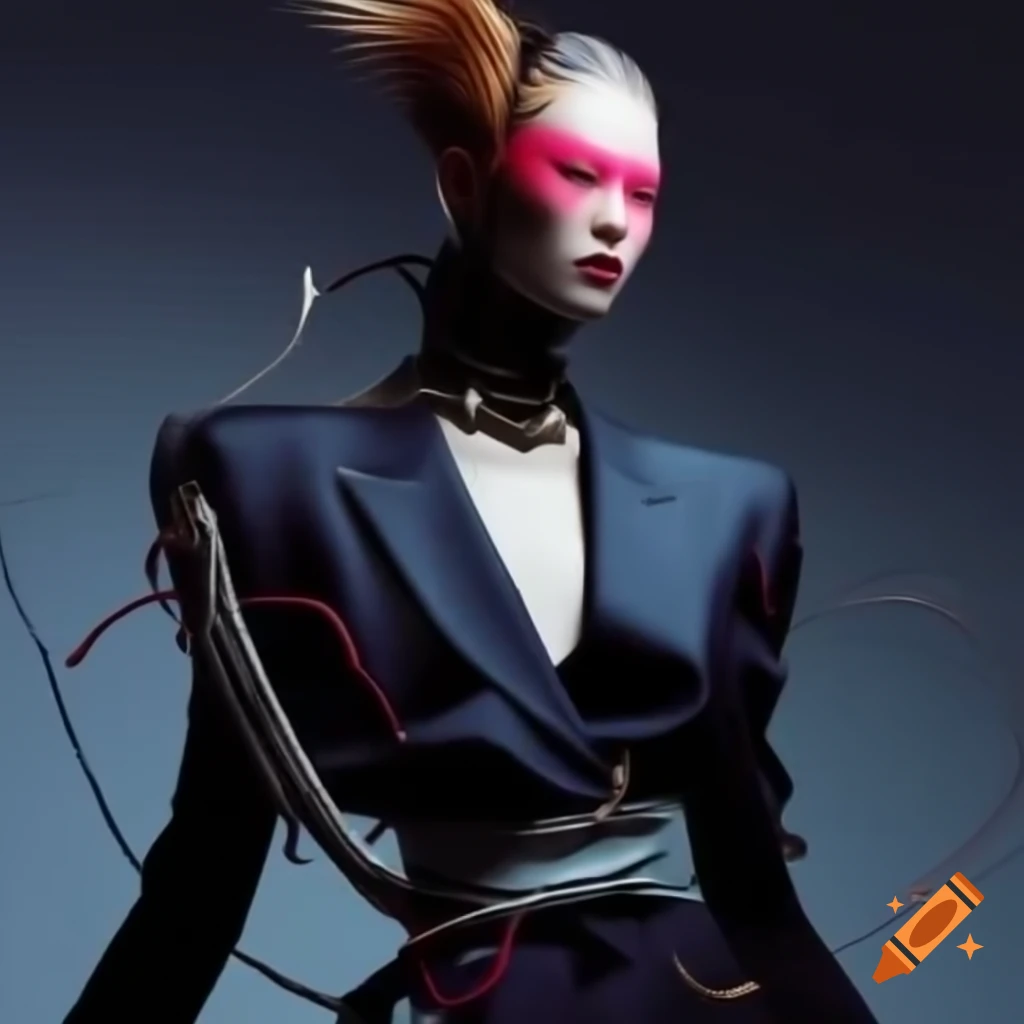 Futuristic fashion icon in haute couture blazer with metallic accents ...