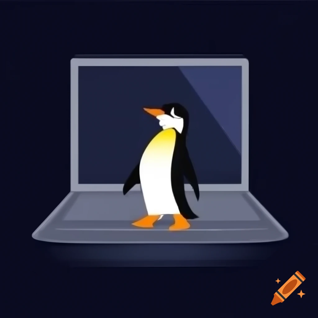 Realistic tuxedo penguin typing at a computer in a dimly lit room on ...