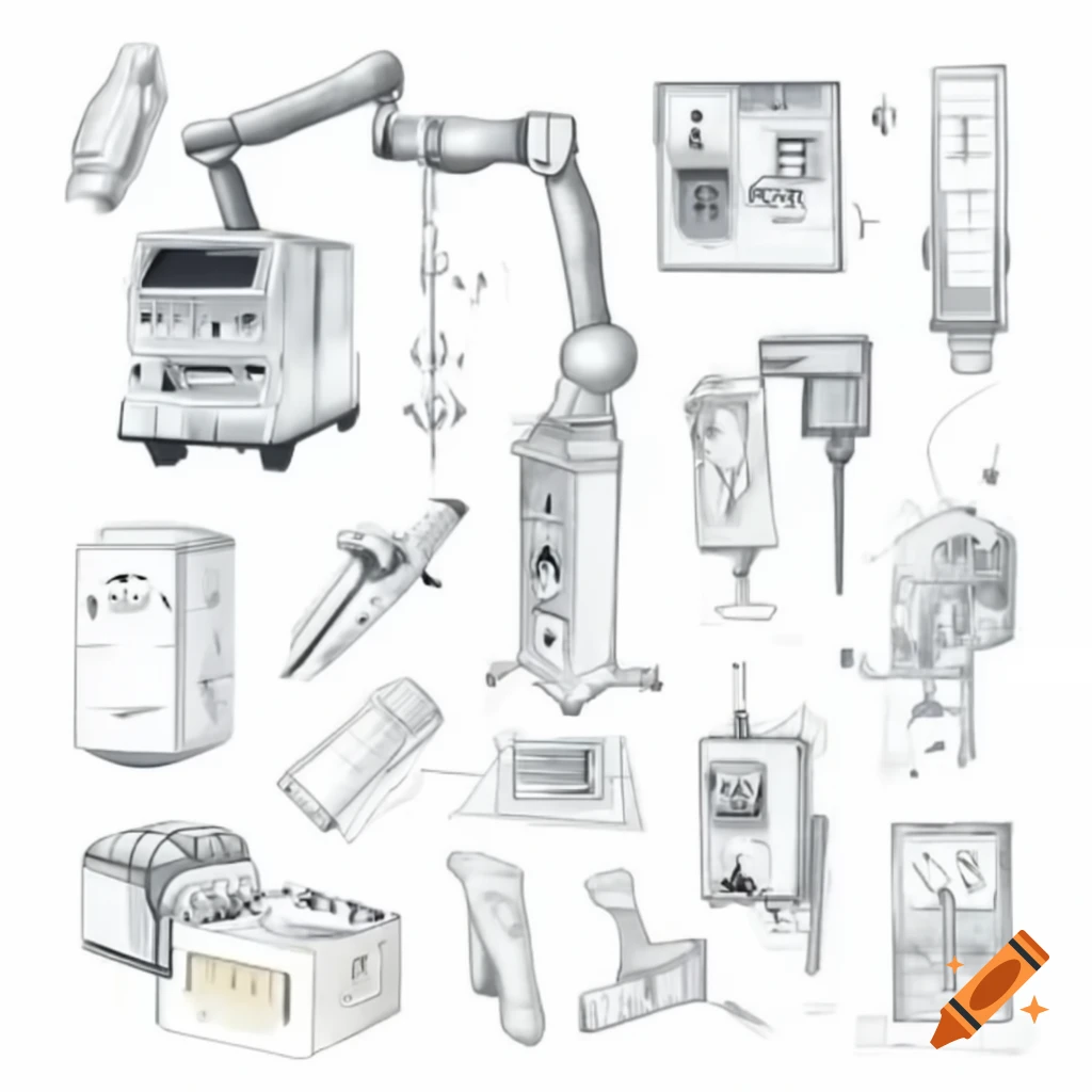Detailed pen-and-ink sketch of a self-operating medical machine with ...