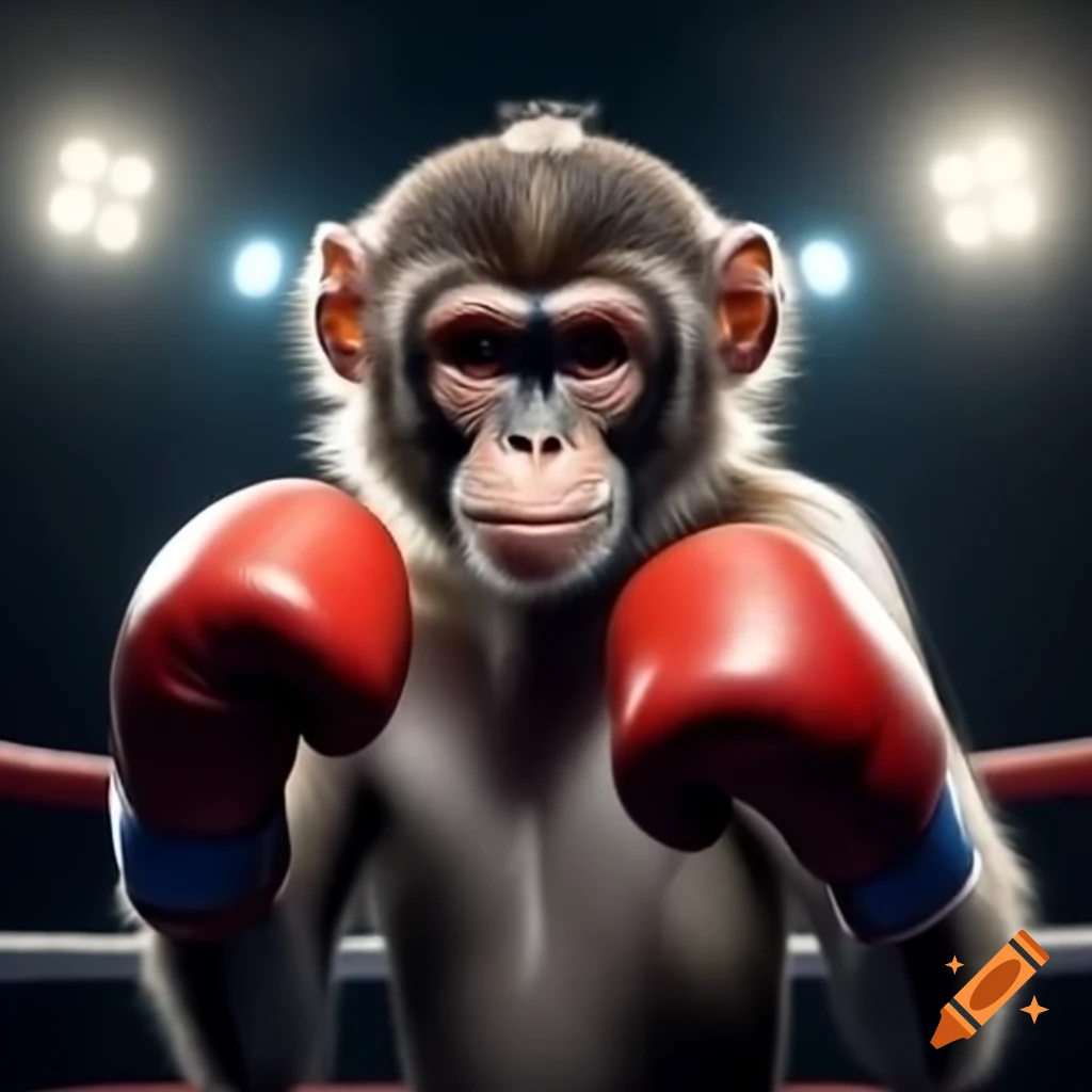 Monkey in boxing gloves ready in a brightly lit boxing ring on Craiyon