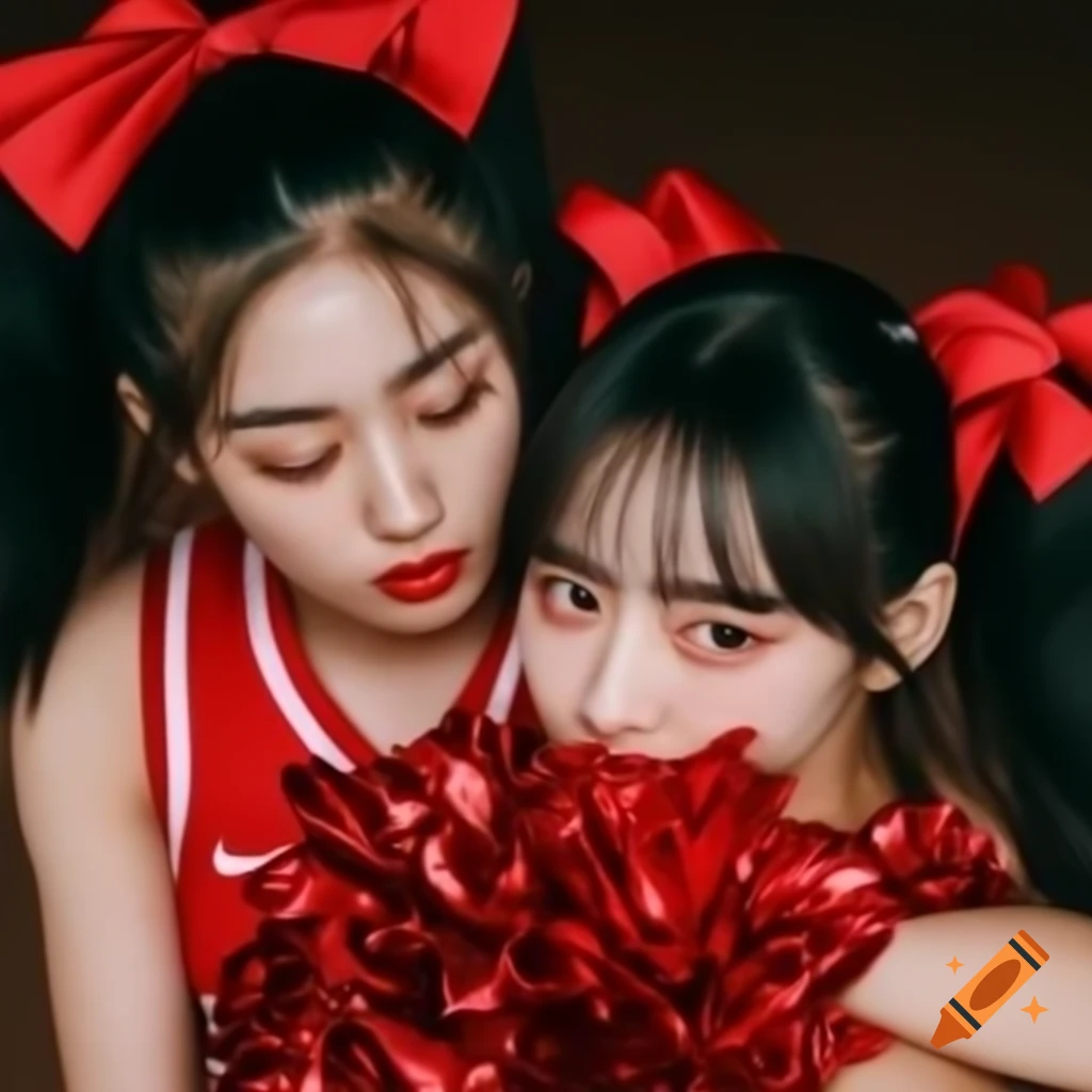 Cheerleader in red uniform hugging friend playfully on Craiyon