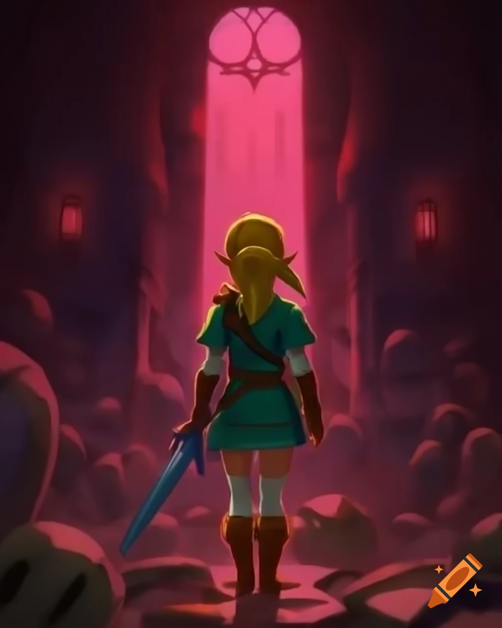 Female link from legend of zelda exploring mysterious dungeon on Craiyon