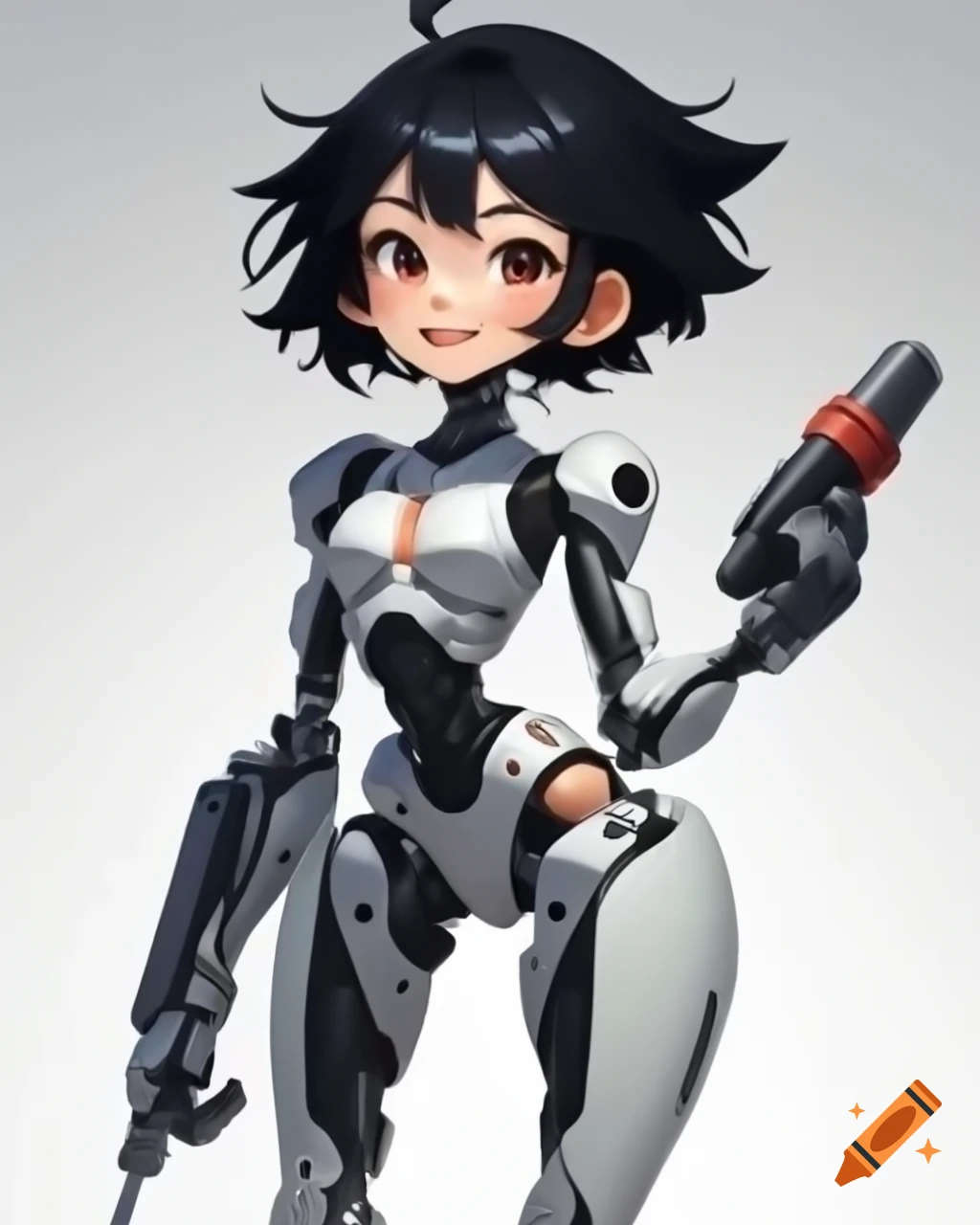 Cheerful female cyborg in anime style with black hair and drill arm on ...
