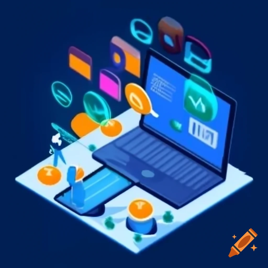 Vector illustration of web developer working on laptop with dynamic web ...