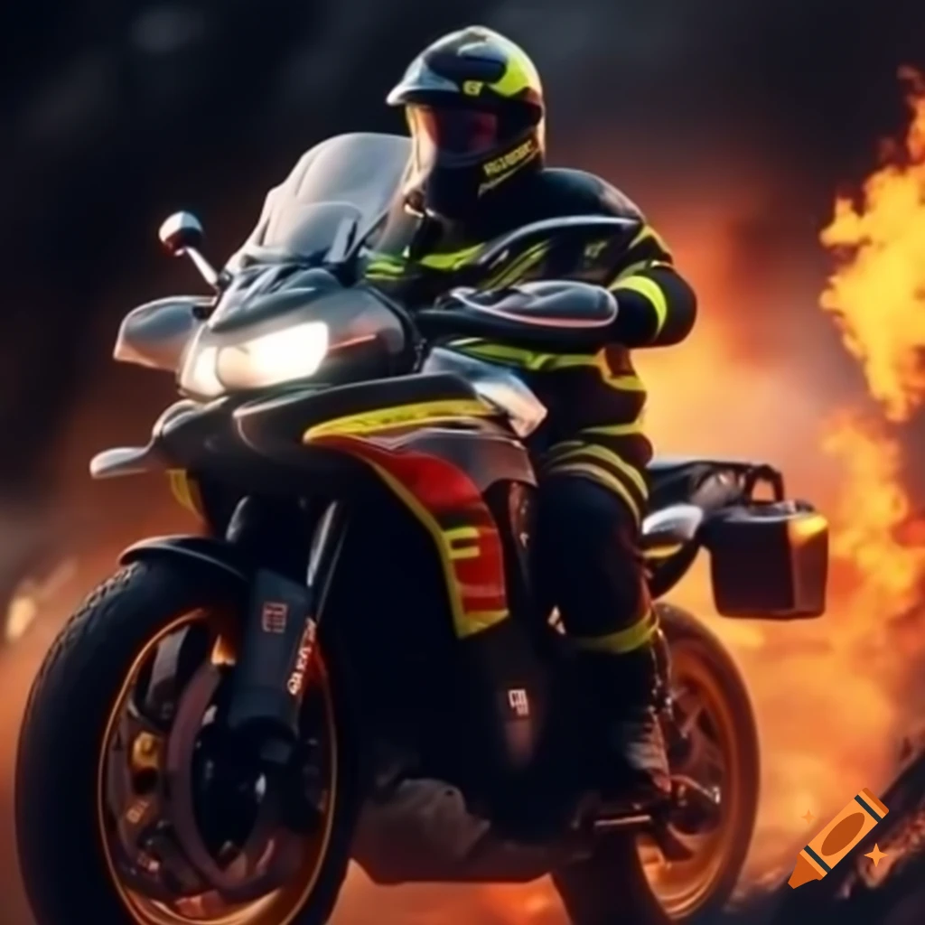Firefighter in gear on motorcycle 1250 GS surrounded by flames on Craiyon
