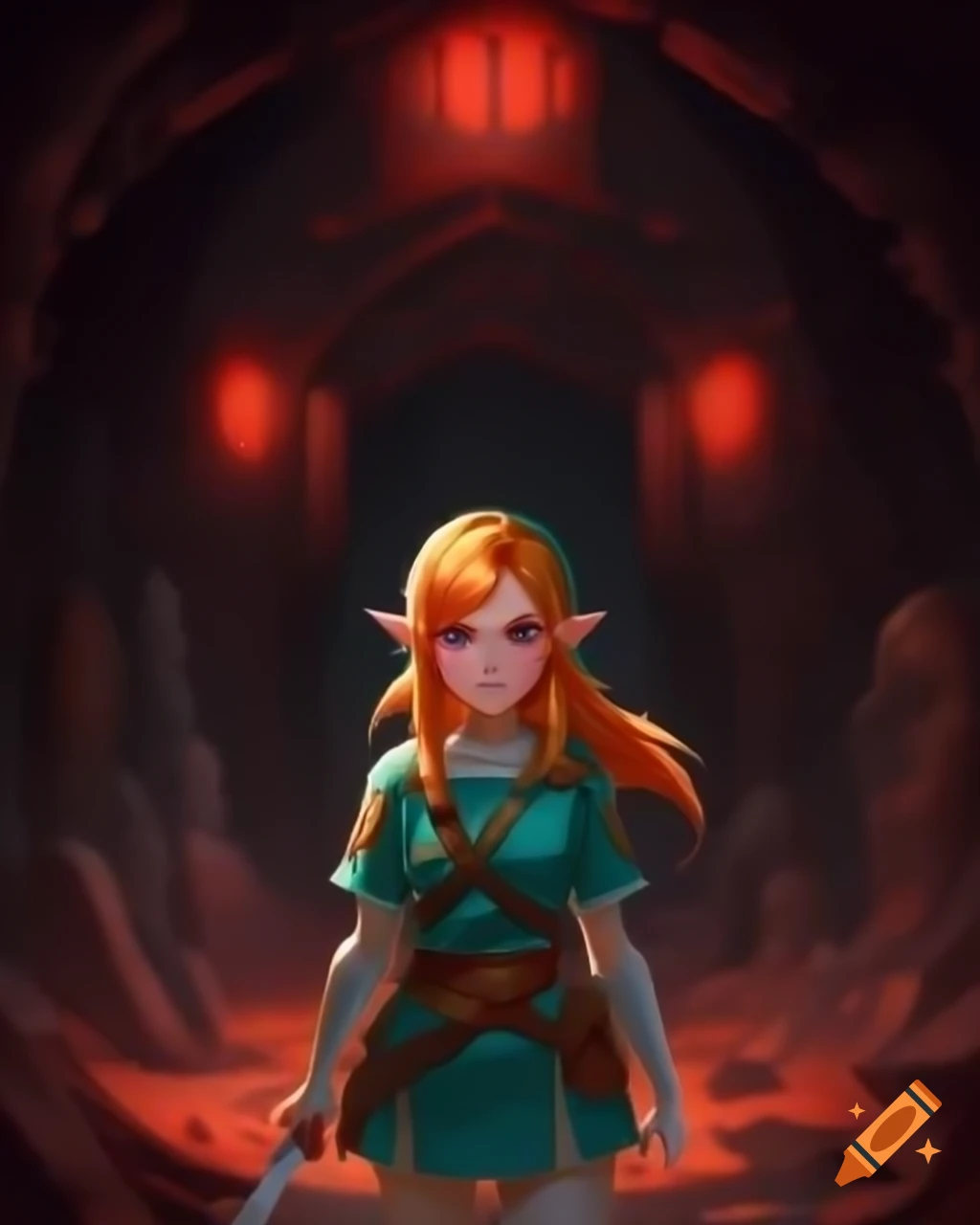 Cheerful female link from legend of zelda exploring mysterious dungeon ...