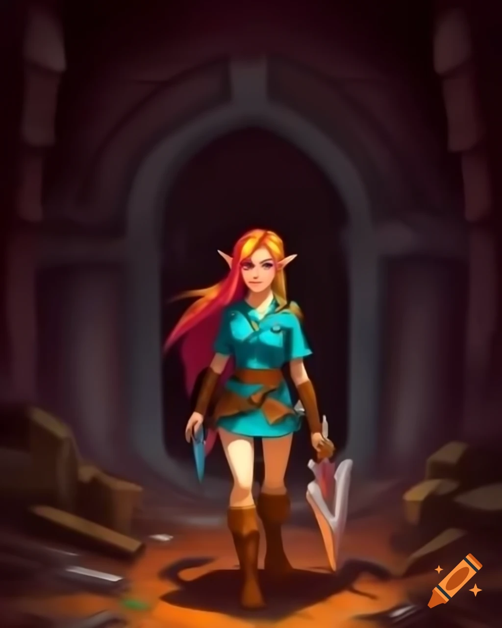 Female link from legend of zelda exploring a mysterious dungeon on Craiyon