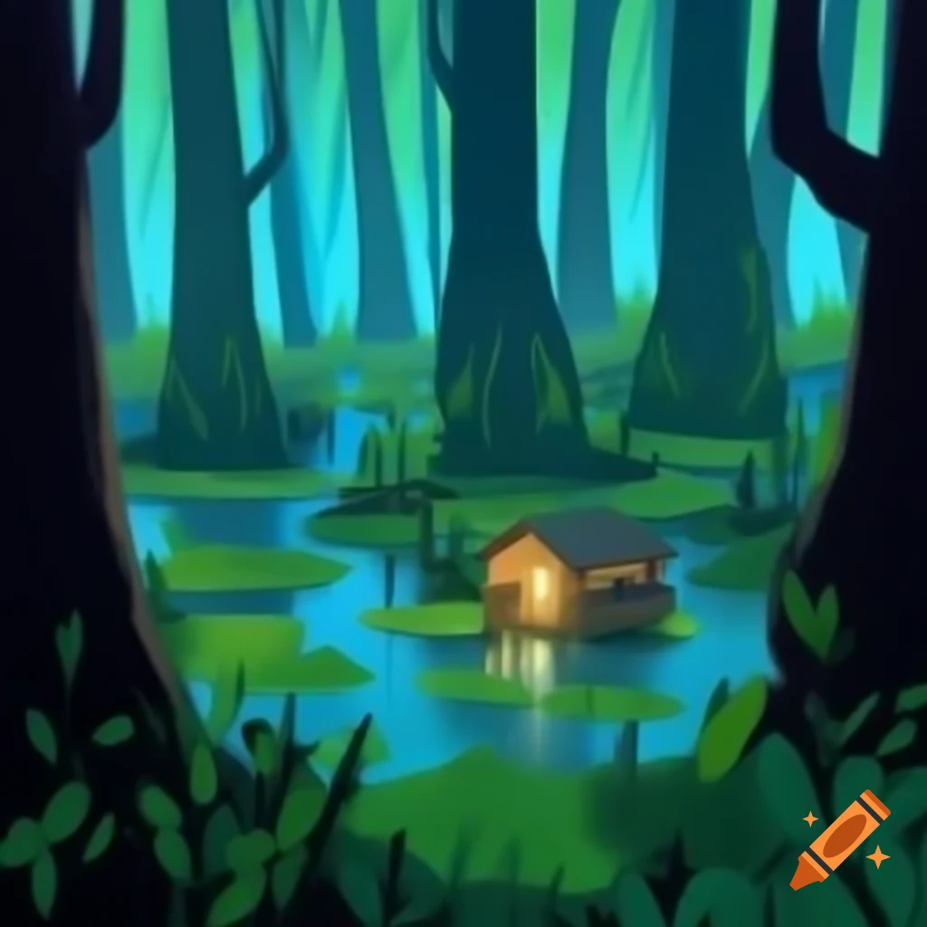 Cozy swamp with illuminated shack at night on Craiyon