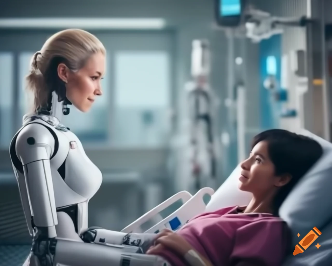 Friendly female cyborg nurse with blonde hair talking to young patient in hospital room on Craiyon
