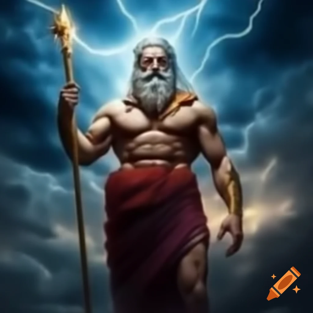 Zeus on Mount Olympus holding lightning and thunder with a dramatic sky ...
