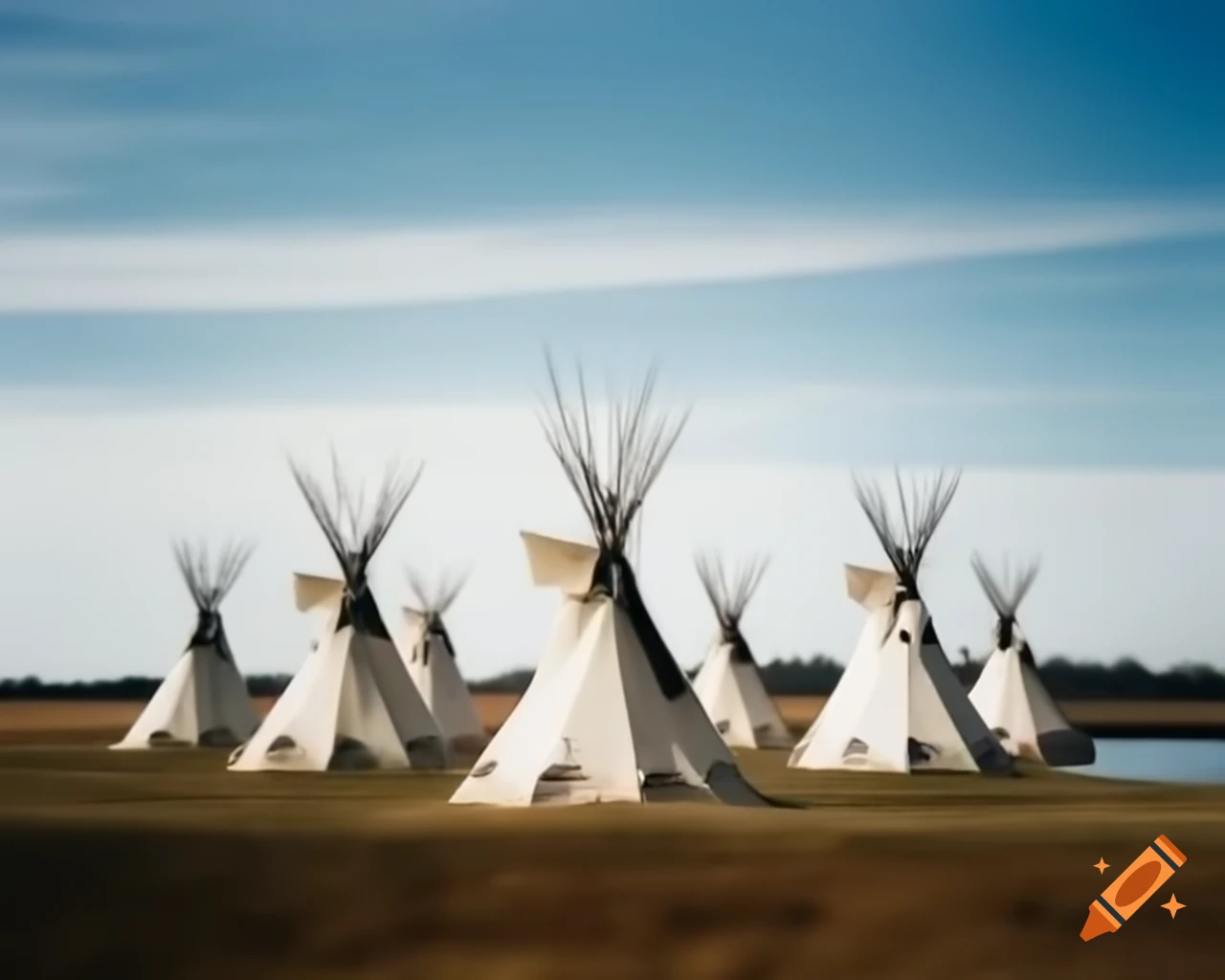 Photorealistic scene of teepees in a field beside water on Craiyon