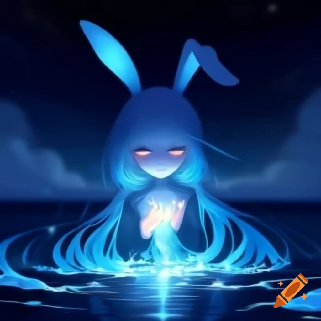 Mystical rabbit girl with dark blue eyes in bioluminescent ocean under ...