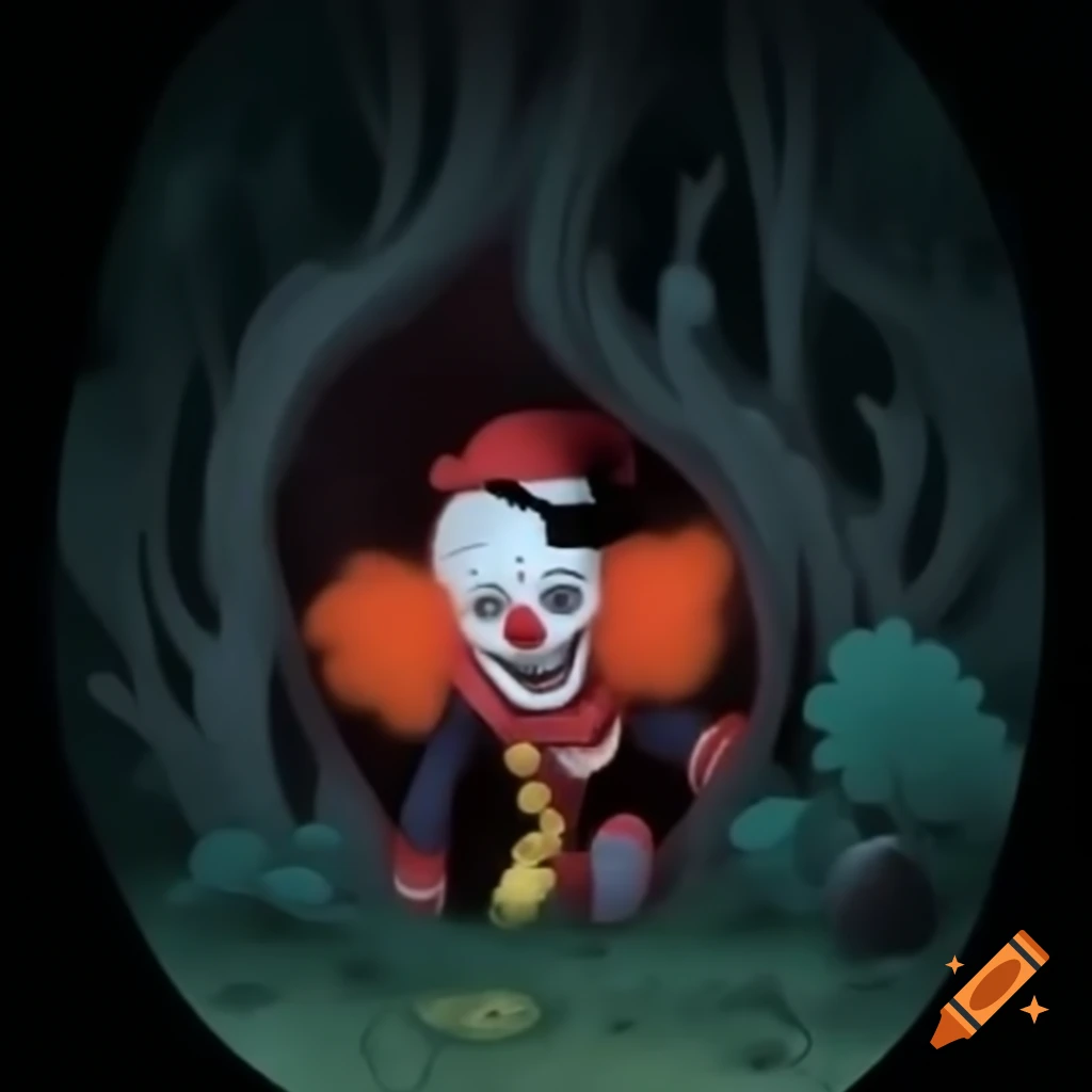 Creepy cartoon clown hiding behind tree in dark forest on Craiyon