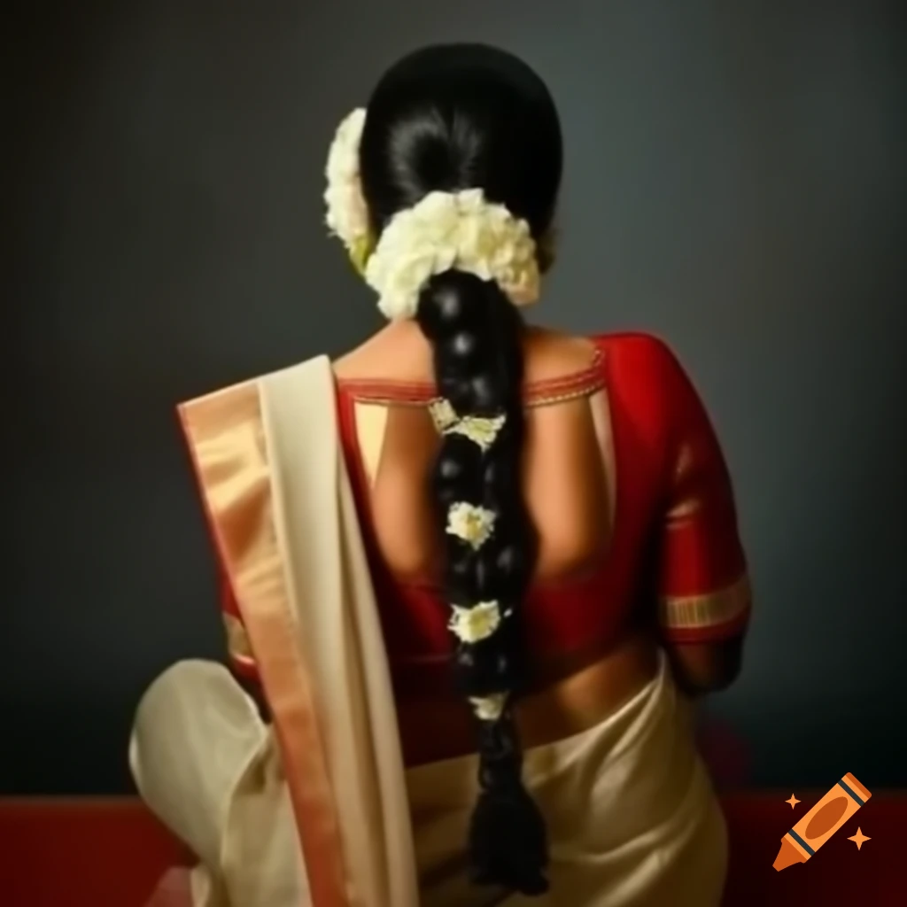 Traditional Tamil woman in sari and jasmine flower hair braid, sitting ...