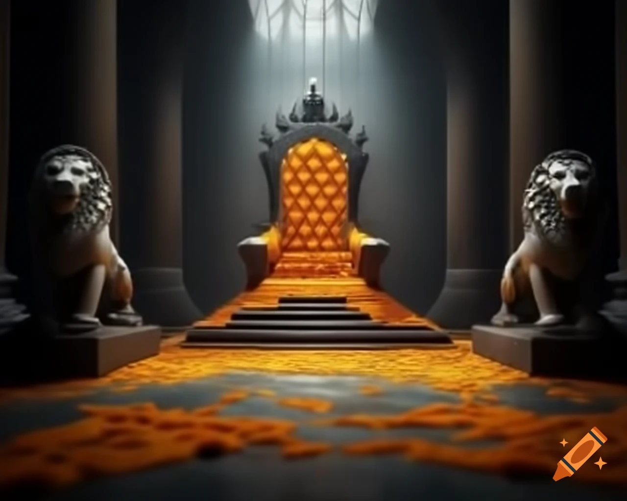 Majestic throne room with gleaming stone floor and lion statues on Craiyon