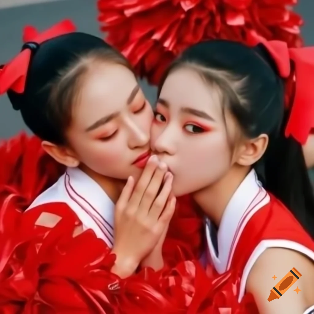 Cheerleader in red uniform hugging friend from behind on Craiyon