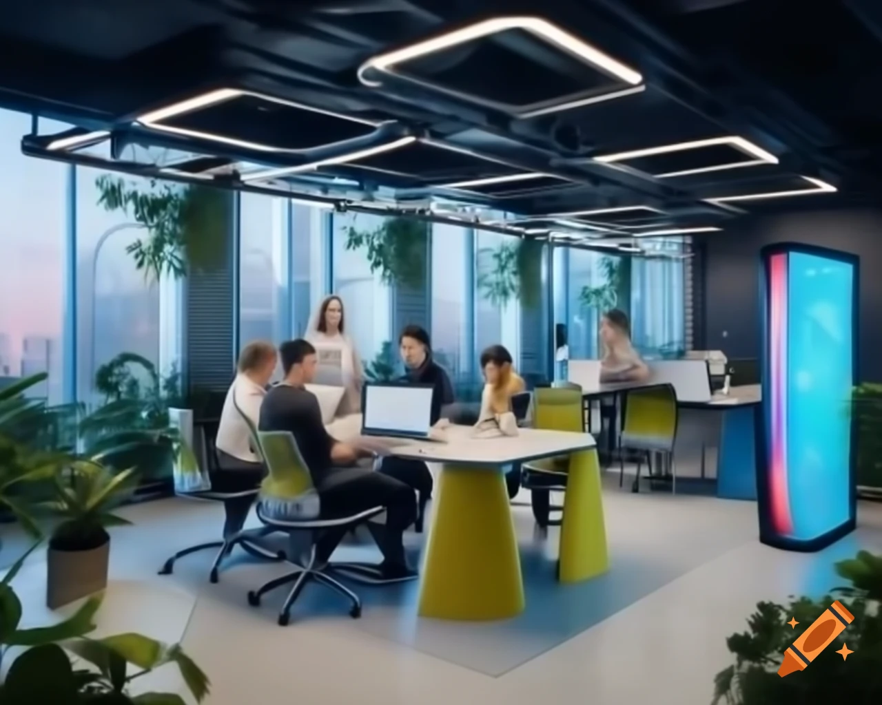 Futuristic open-space office design for modern tech company in 2030 on ...