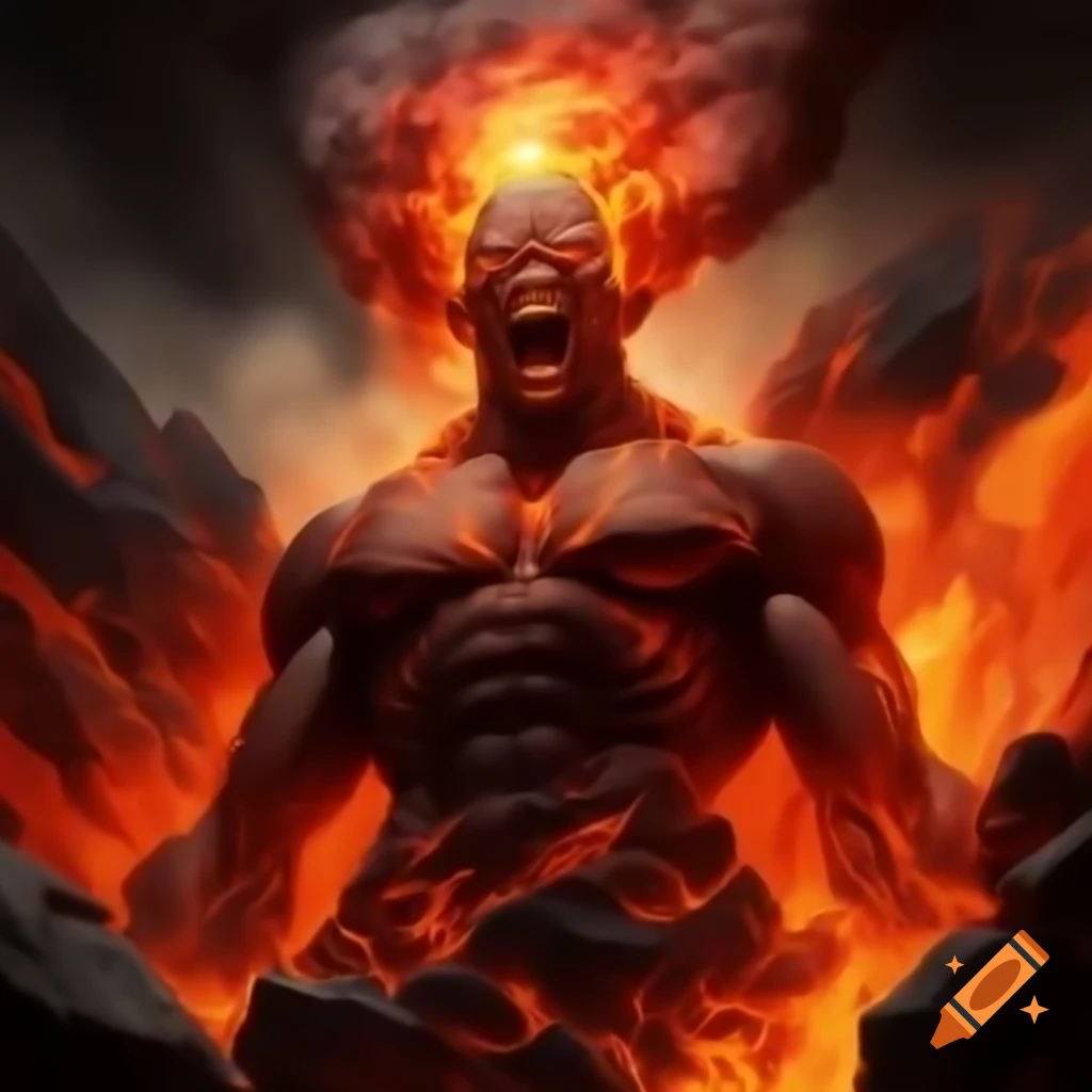 Fiery lava creature emerging from hellscape with smoke and glowing eyes ...