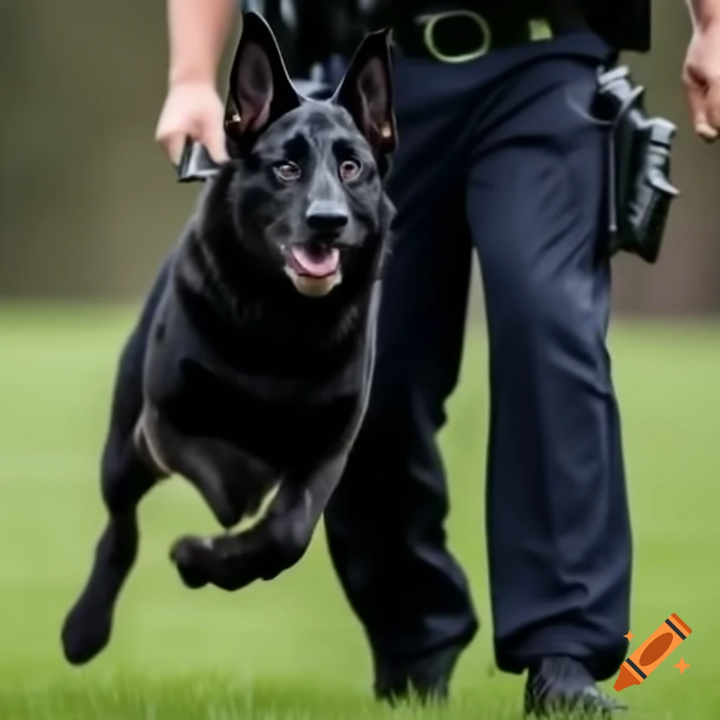 Black German shepherd police dog in vest pursuing suspect on Craiyon
