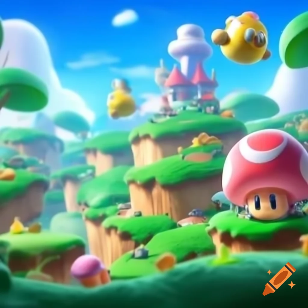 Vibrant Super Mario landscape with greenery, castles, and iconic ...