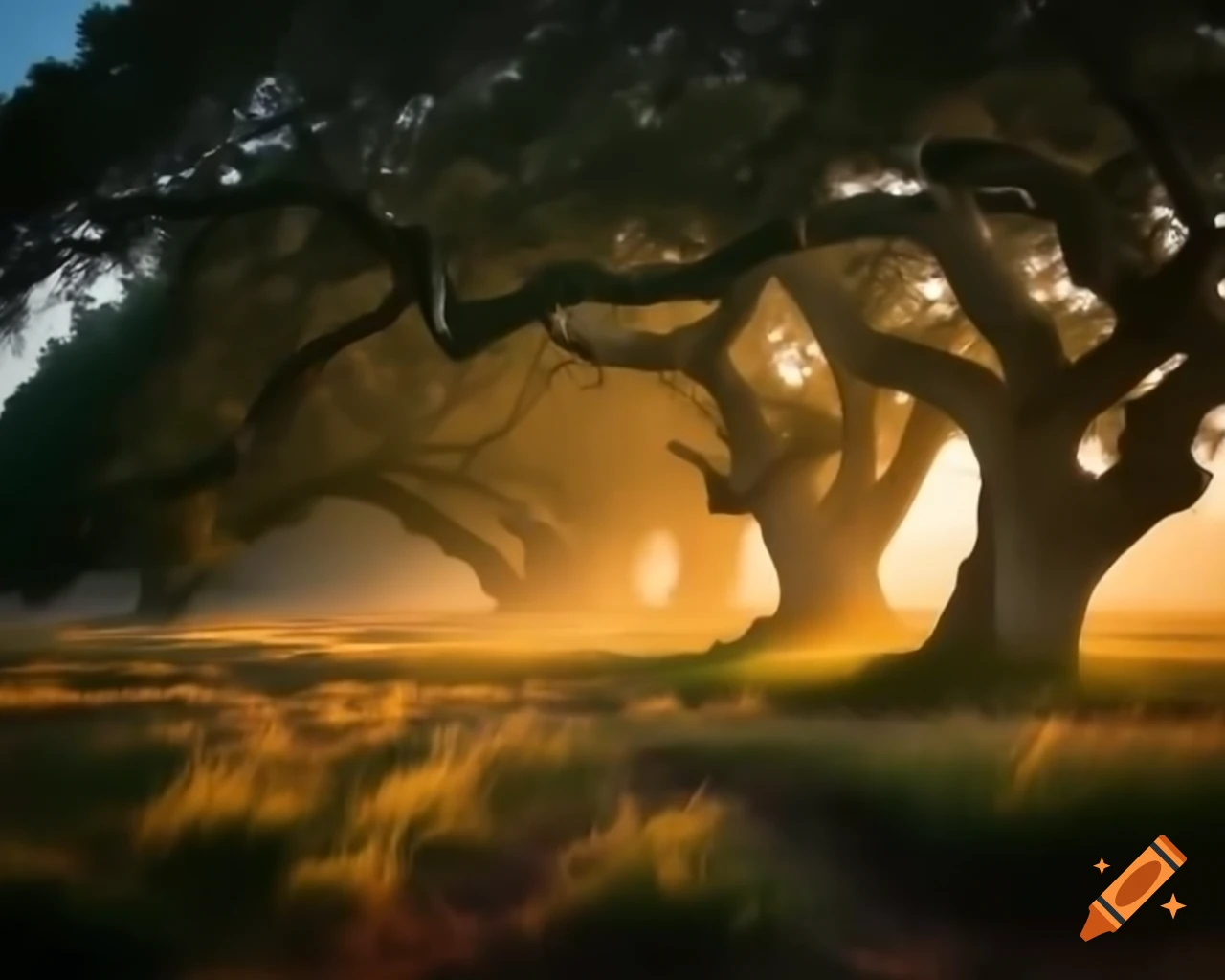 Mysterious gnarled trees illuminated by golden hour light on Craiyon