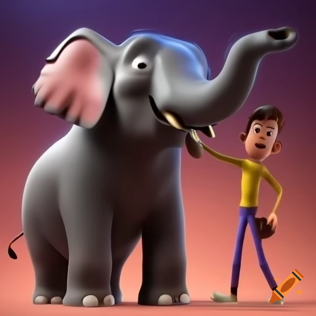 3D Disney Pixar style elephant lifting a man on Craiyon