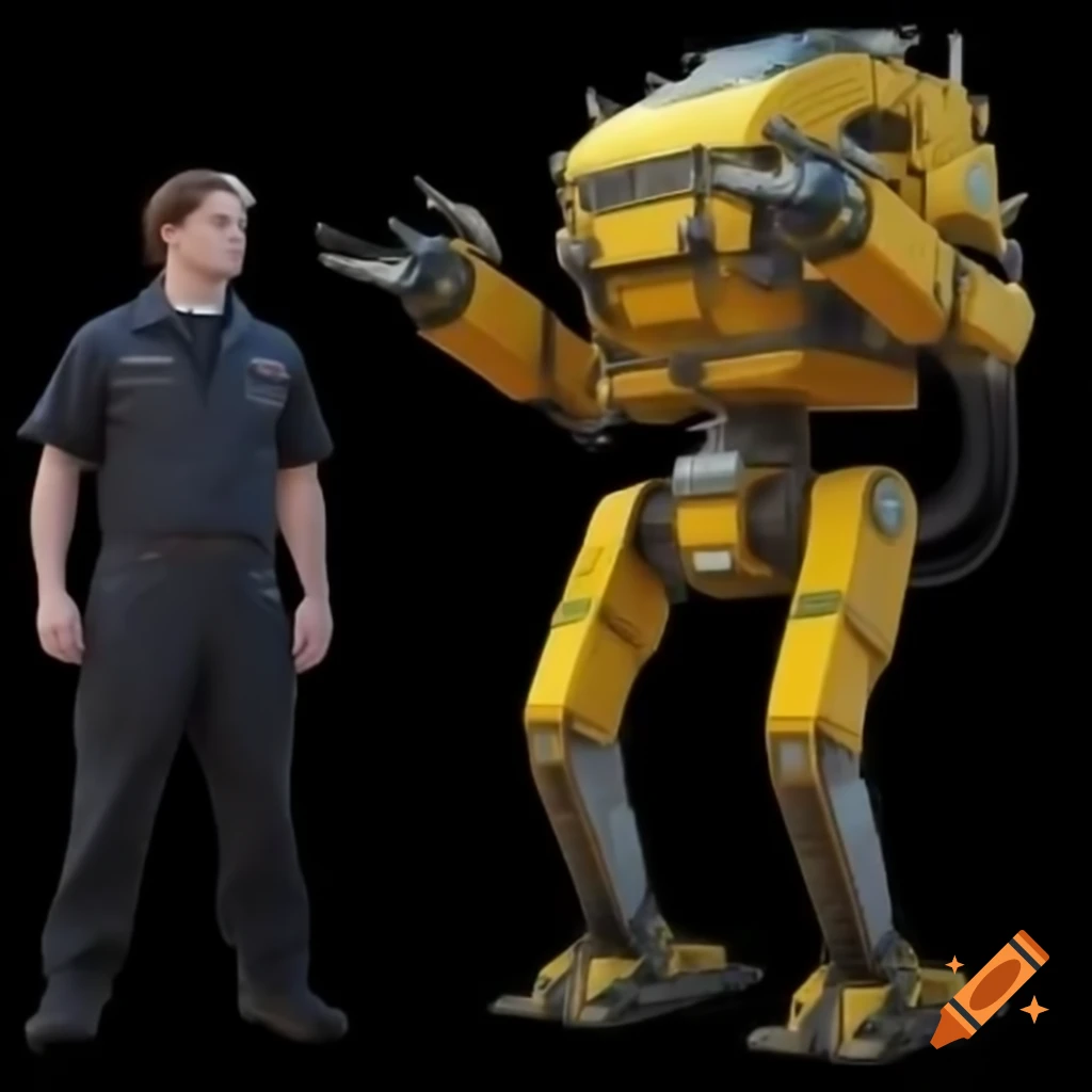 Industrial bipedal exoskeleton piloted by man in coveralls, inspired by ...