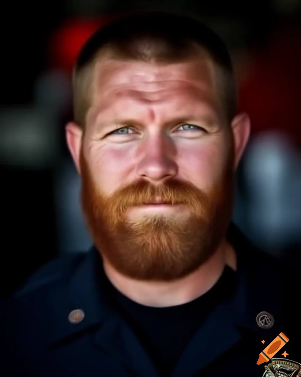 Firefighter with ginger beard smiling, showcasing strength and courage ...