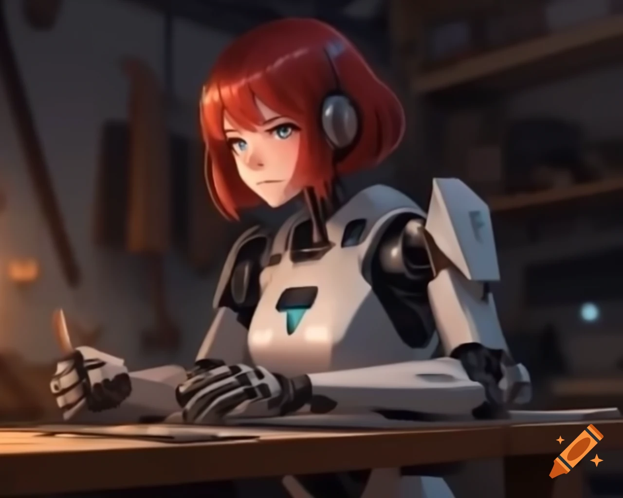 Friendly female cyborg with muted-red hair in workshop during repairs on Craiyon