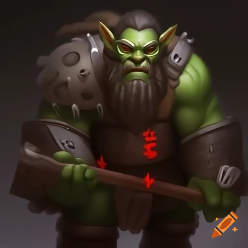 Gentle fantasy orc with red runes holding a smithing hammer on Craiyon
