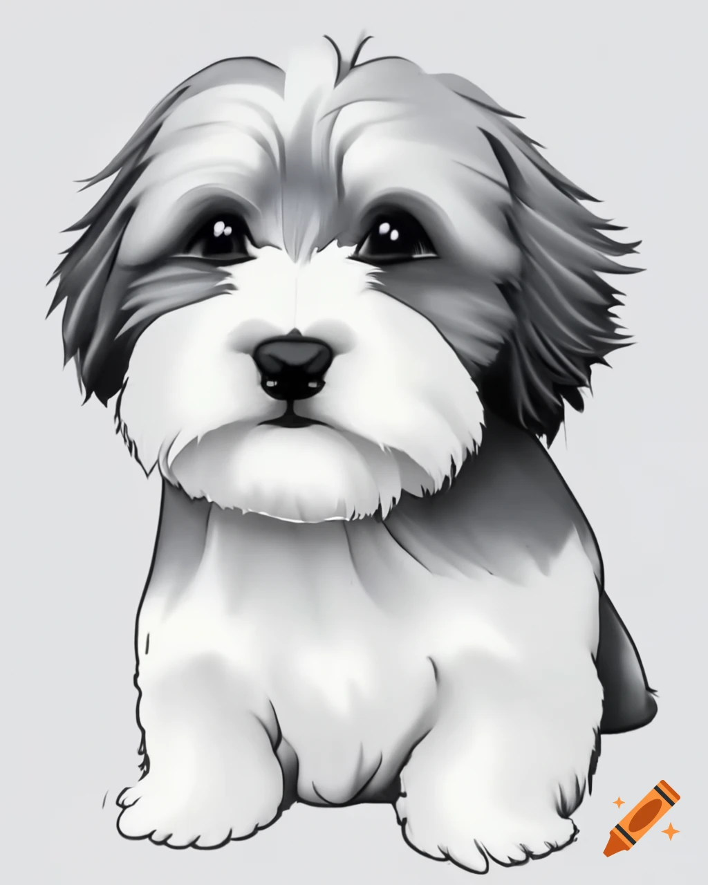 Black and white outline drawing of a Havanese puppy on Craiyon