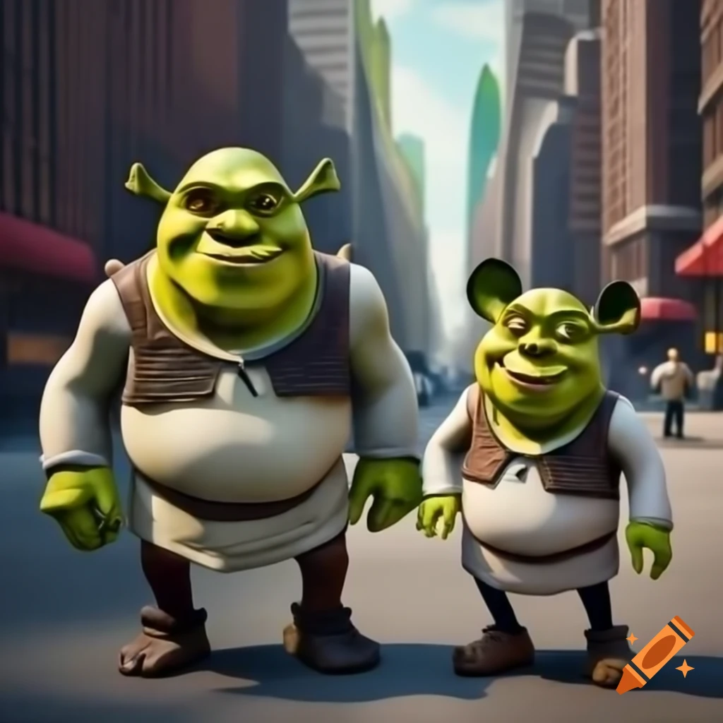 Pixar-style illustration of Shrek and Mickey Mouse walking in New York ...