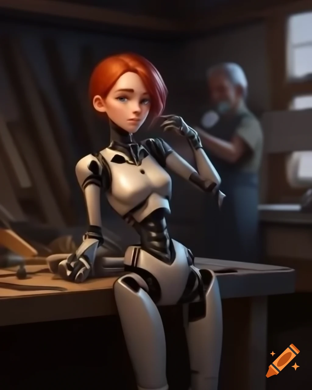 Friendly female cyborg with muted-red hair in workshop receiving repairs on Craiyon
