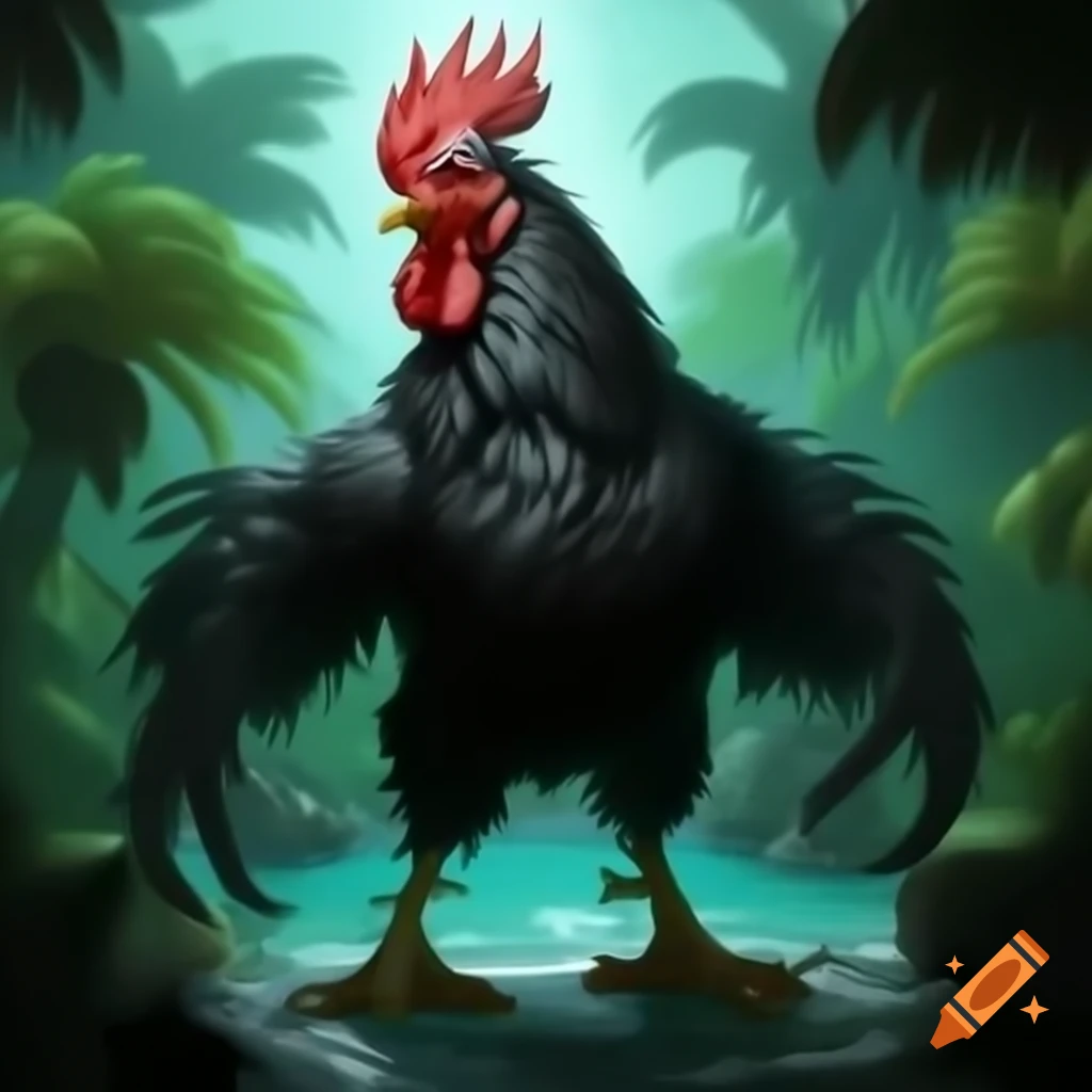 Mythical colossal black rooster casting shadow over tropical isle on ...
