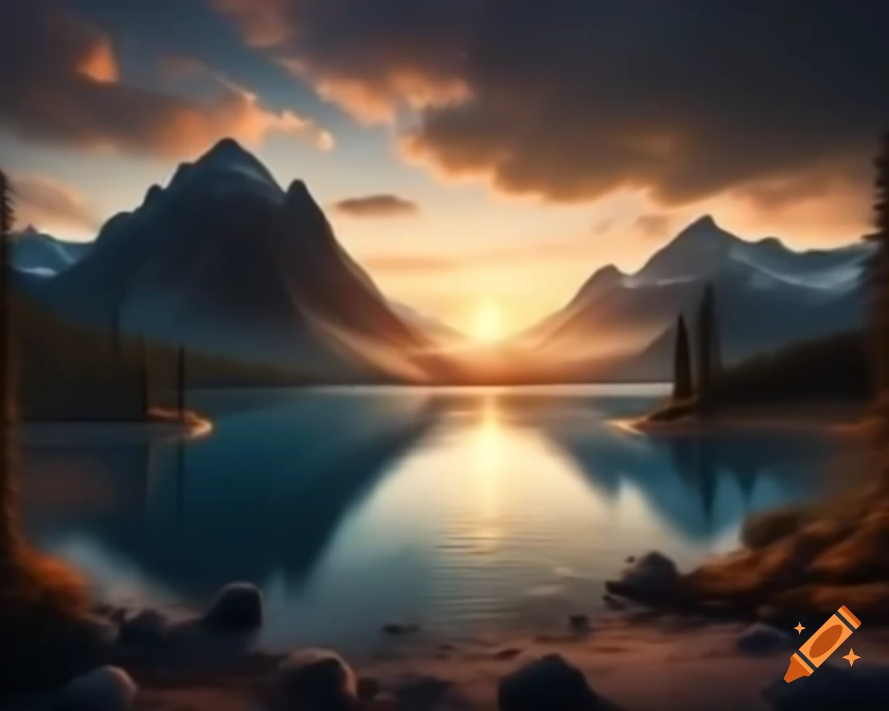 Photorealistic 3D render of mountain lake at sunset with island and sun ...
