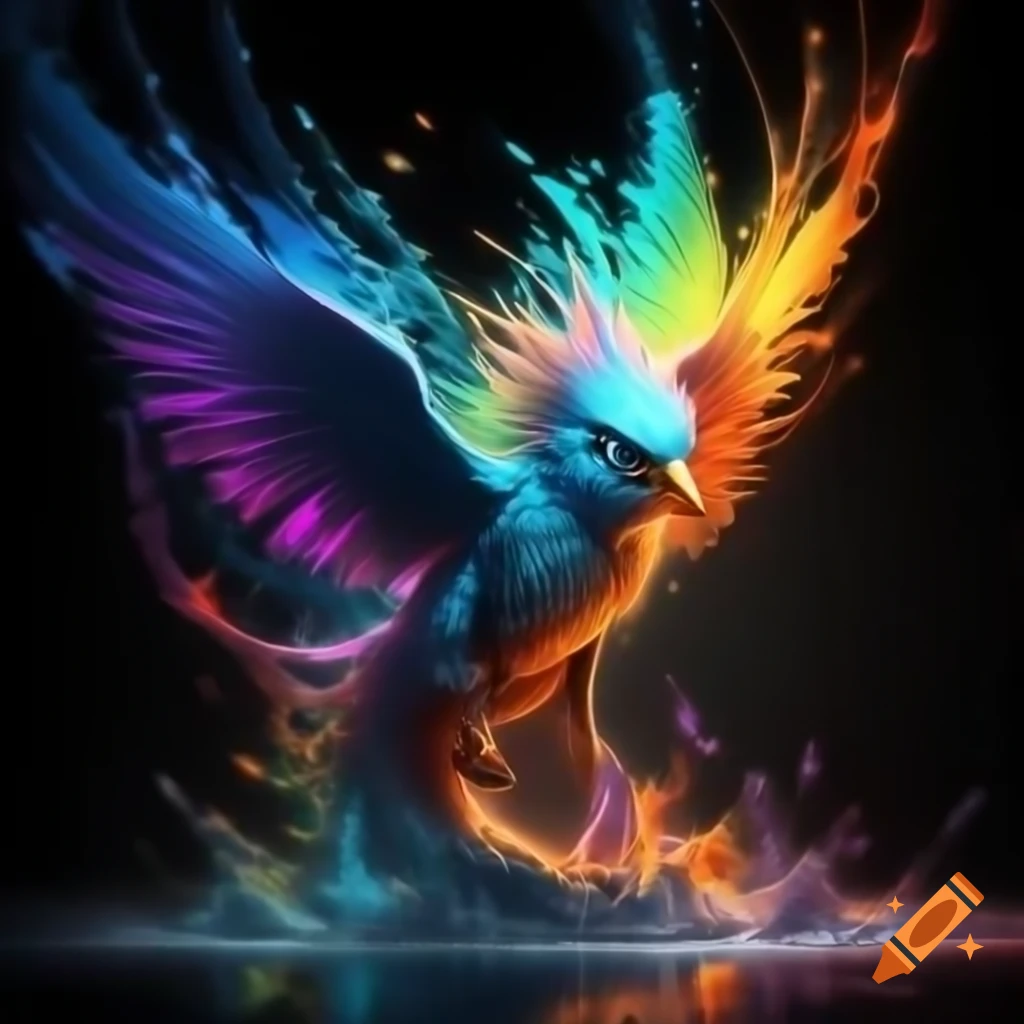 Vividly colored phoenix against dark background, showcasing vibrant ...