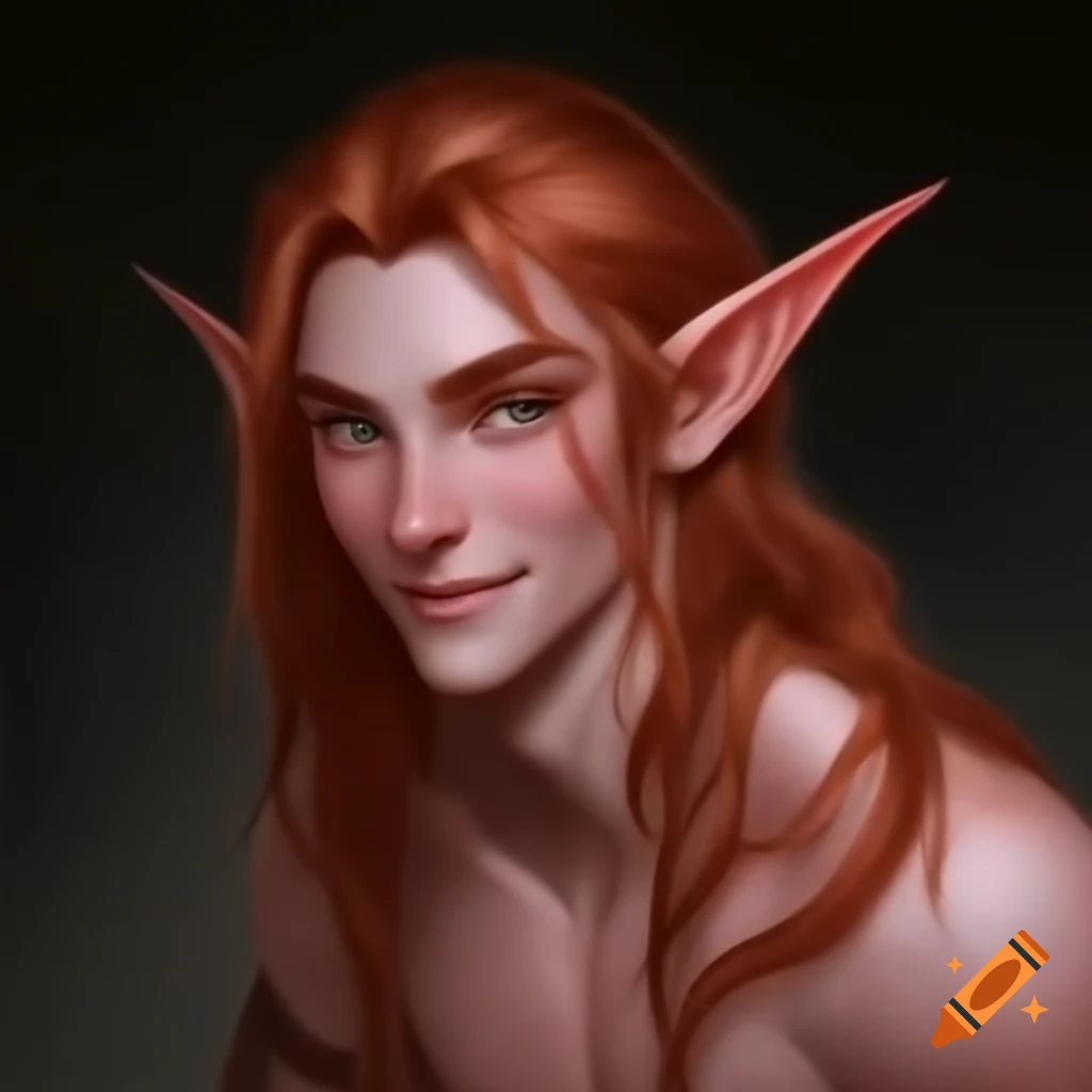 Striking male elf with sapphire eyes and long copper hair, smiling with ...