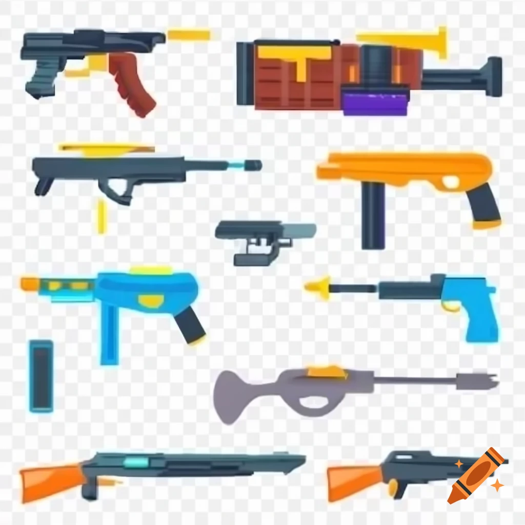Collection of cartoonish 2D futuristic guns with vibrant colors on Craiyon