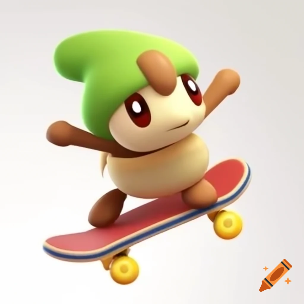 3D render of acorn-shaped Pokémon doing skateboard jump on Craiyon