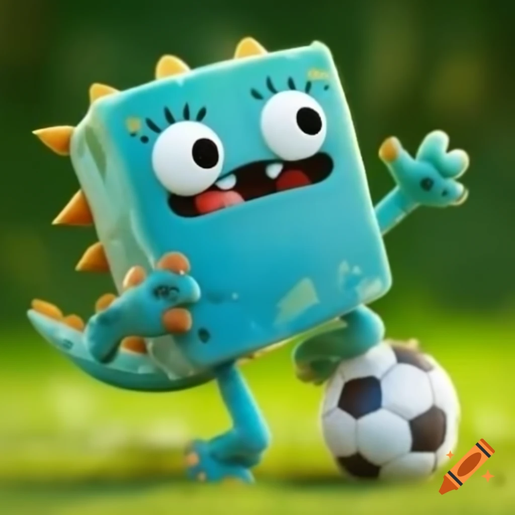 Clumsy square dragon with big eyes in striped socks kicking soccer ball ...