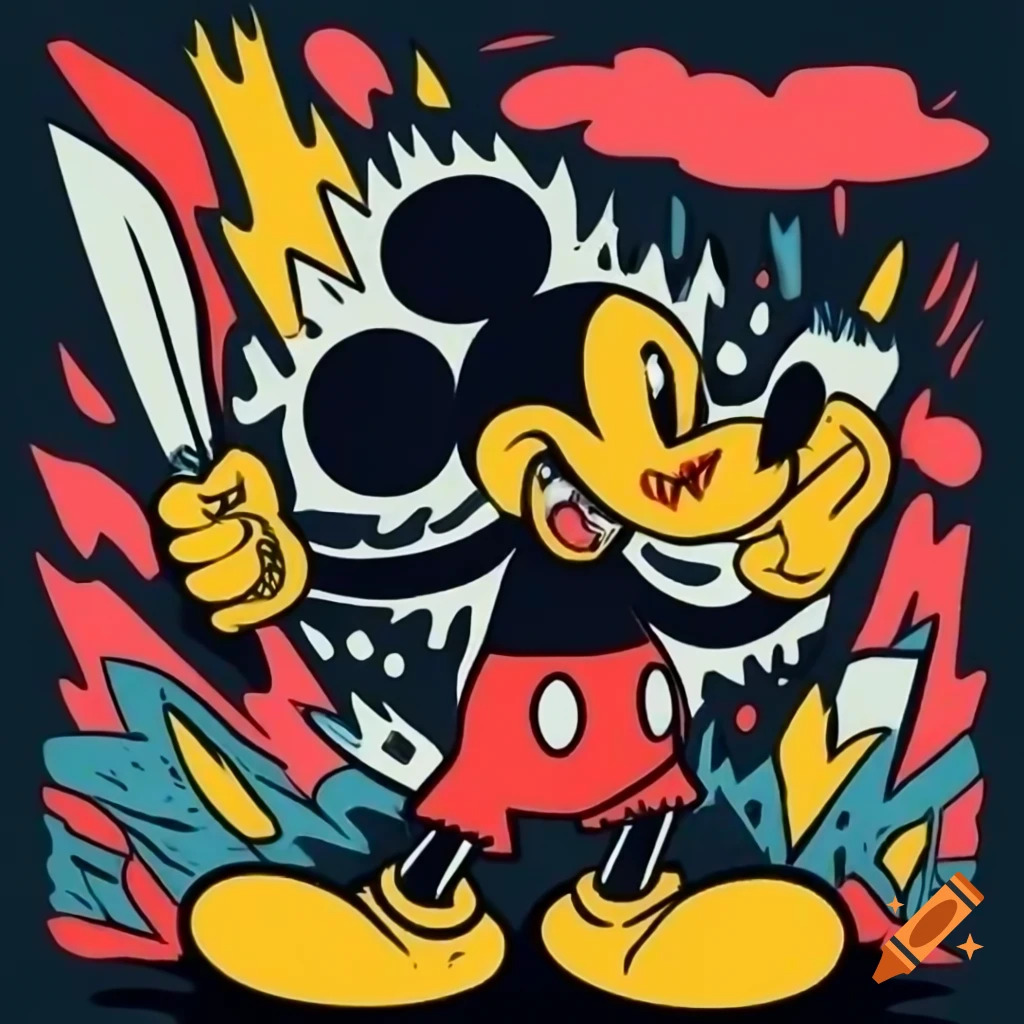 Mickey Mouse in cartoon style with intense expression and knife on Craiyon