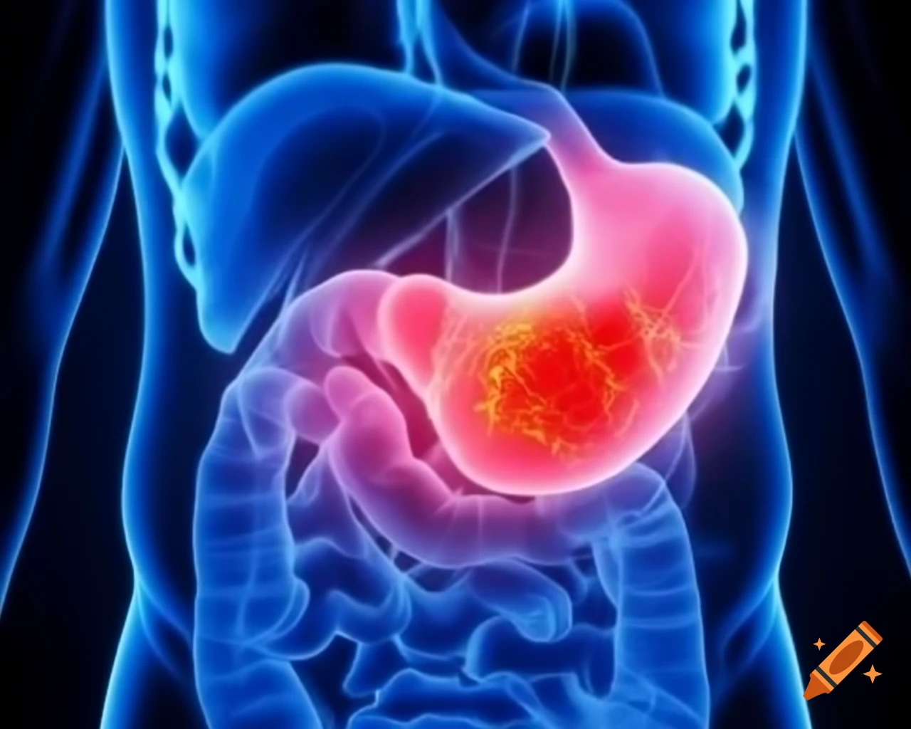 Illustration representing acid flux in stomach on Craiyon