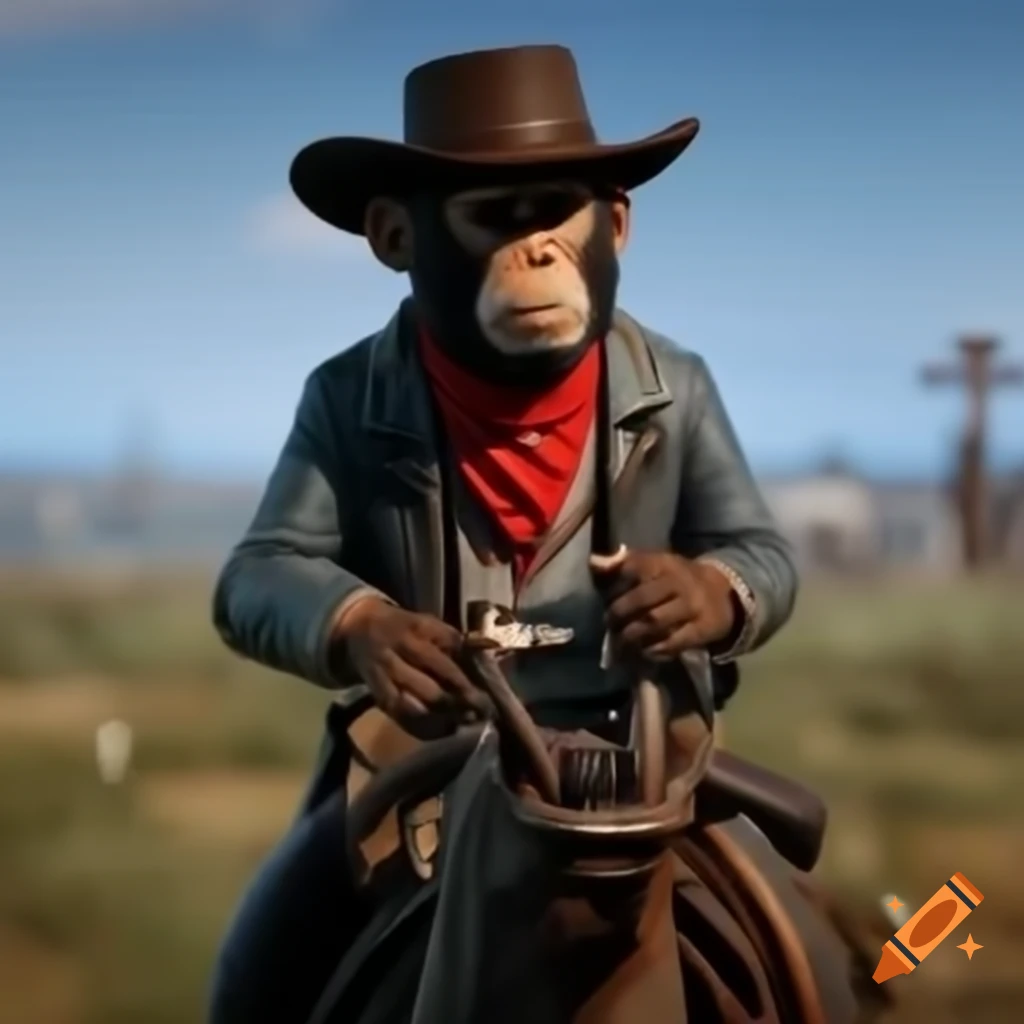 Dapper monkey in cowboy outfit riding a horse across open plains on Craiyon