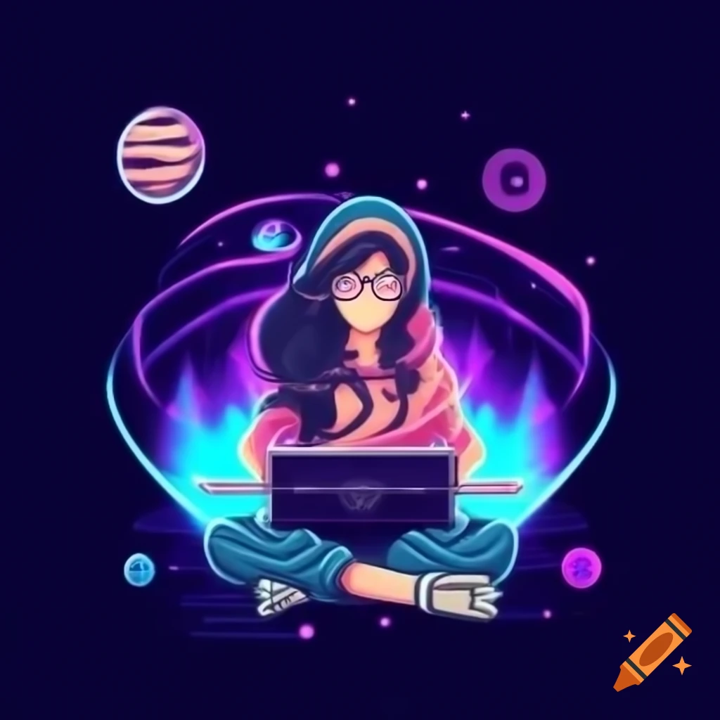 Anime girl coding in space with galaxy backdrop on Craiyon