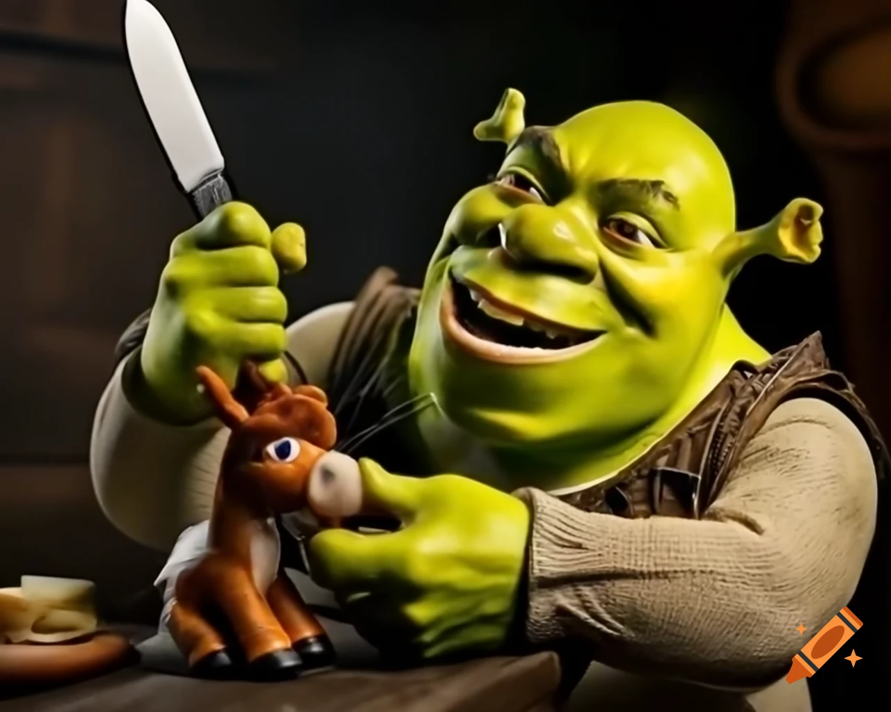 Shrek cutting a donkey toy with a knife in 4K resolution on Craiyon
