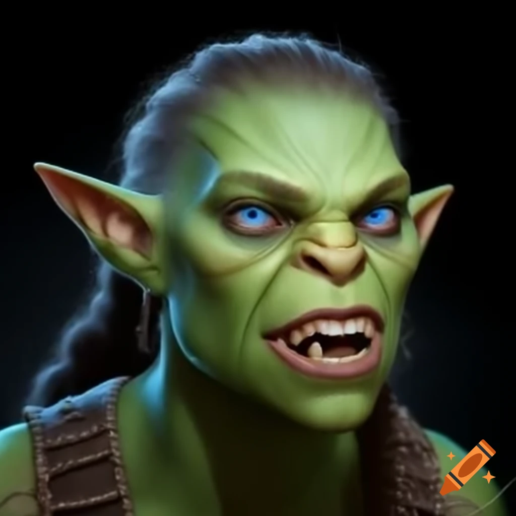 Half-orc female character with pale green skin, blue eyes, and tusks on ...