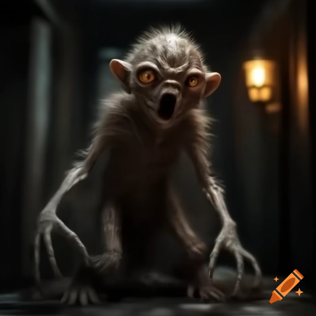 Eerie creature with elongated limbs and glowing eyes in dark ...