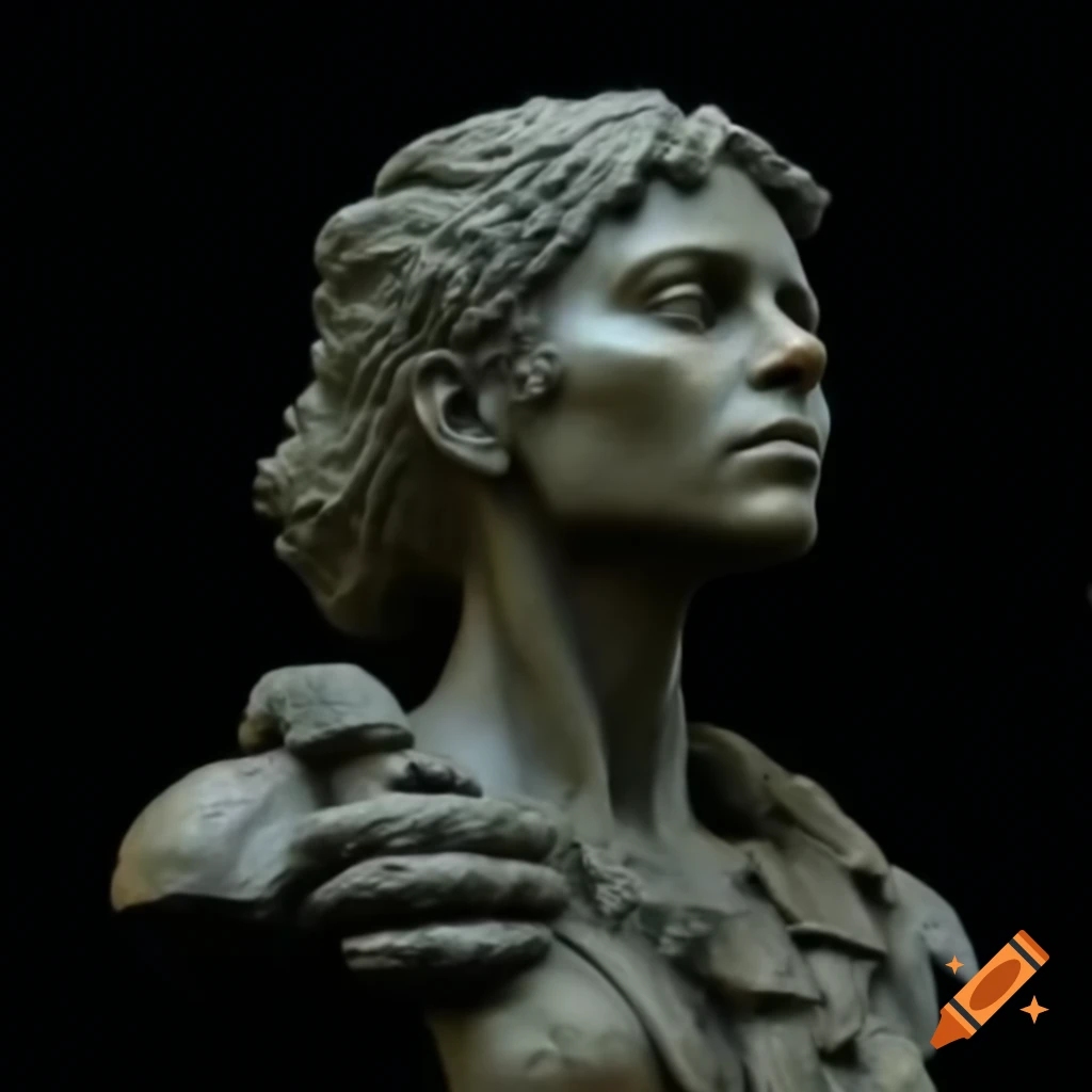 Ancient metal sentinel warrior sculpture adorned with moss on Craiyon