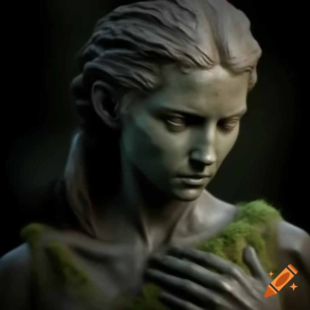 Ancient metal sentinel warrior covered in moss, showcasing timeless beauty on Craiyon