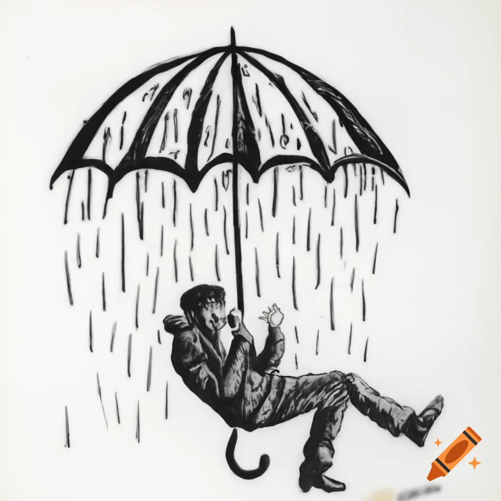 Coloring book illustration of a man fighting raindrops with an umbrella ...